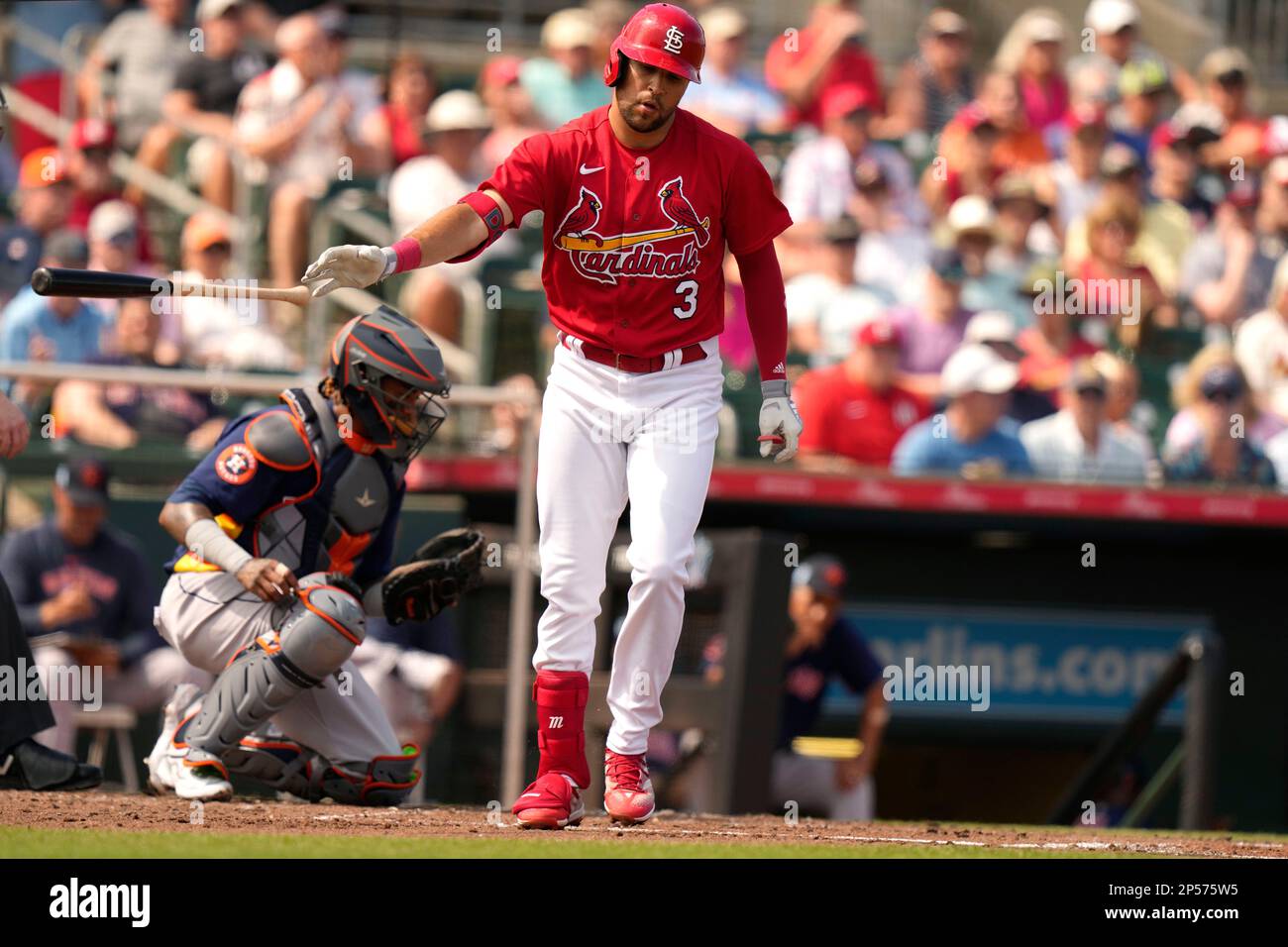 St. Louis Cardinals' Dylan Carlson (3) draws a walk during the second ...