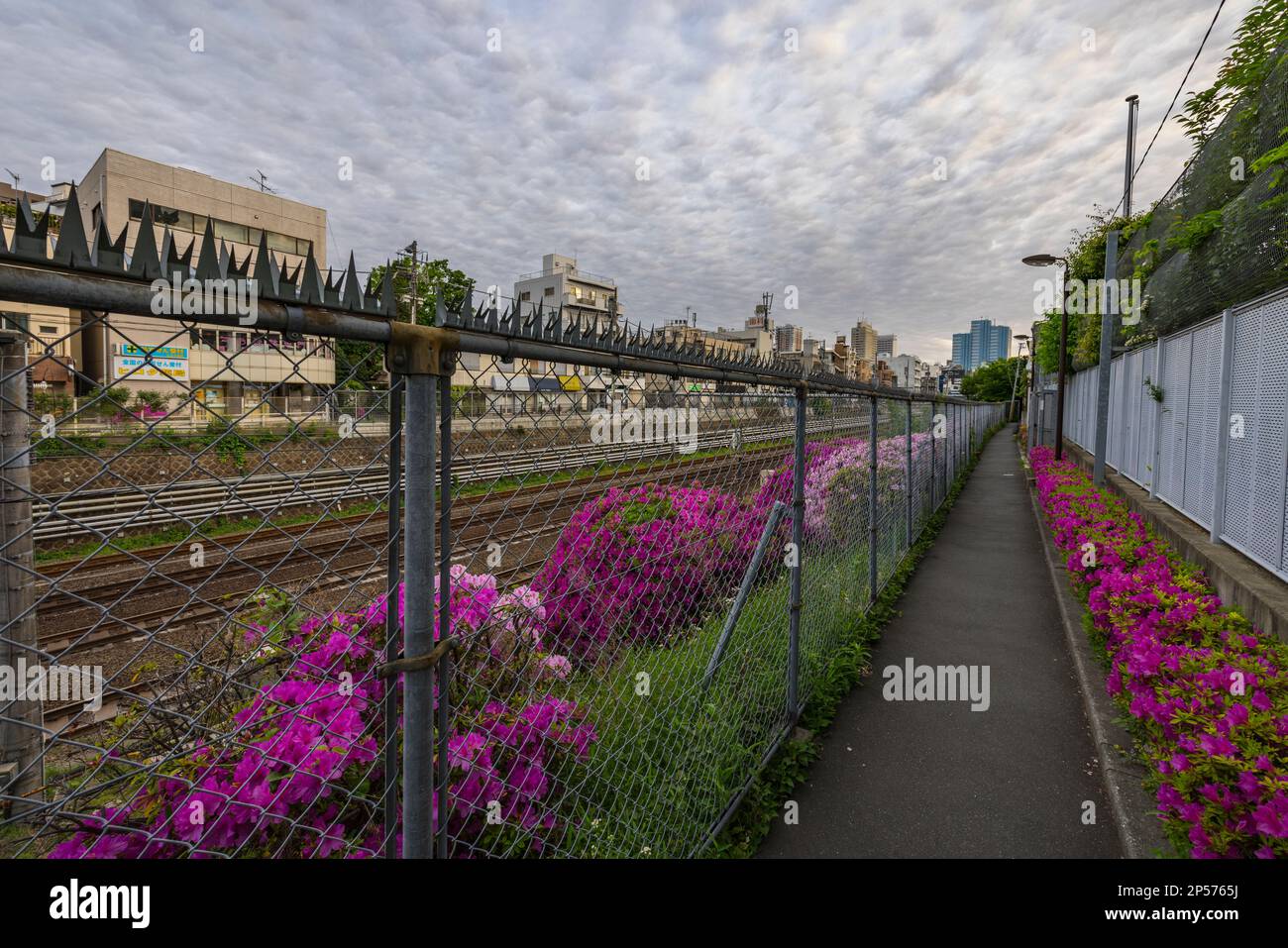 JR railroad track runs along pedestrian walkway in Mejiro Tokyo Japan ...