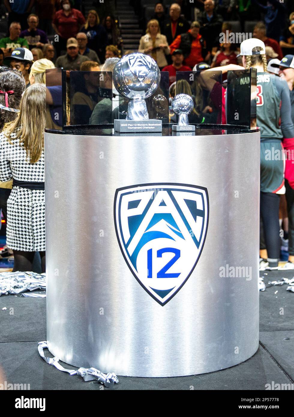 March 05, 2023 LasVegas, NV, U.S.A. Pac 12 Trophy on display after the NCAA Women's Basketball ...