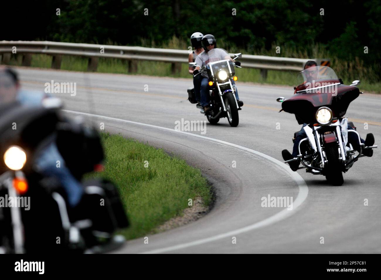 Bikers ride on Nemo Road outside Rapid City, S.D. on Monday, Aug. 5 ...
