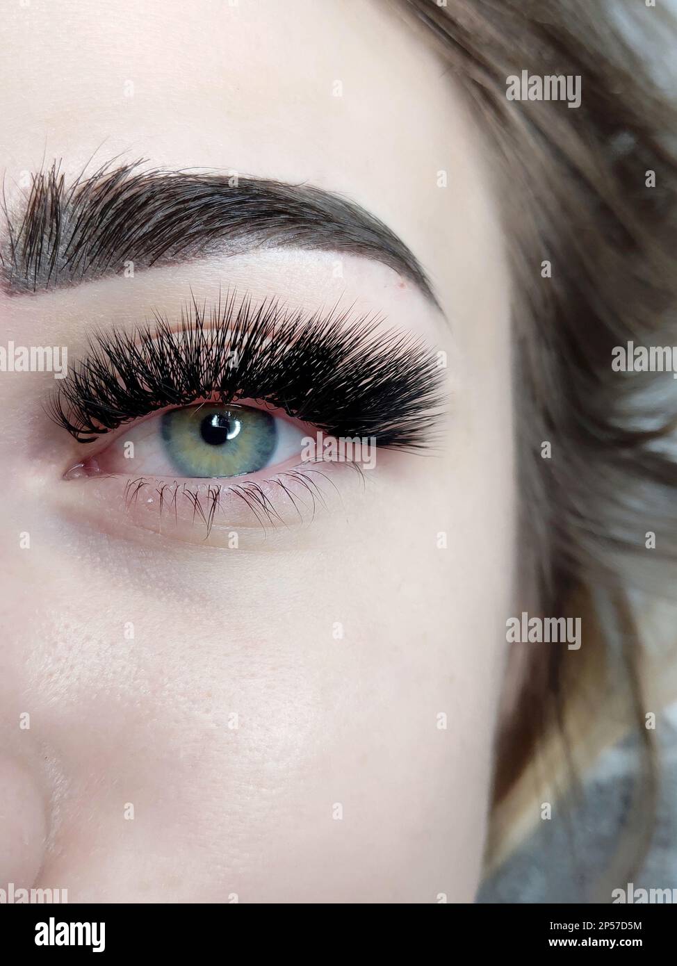 Close up of eye with eyelash Extensions in beauty salon, mega russian ...