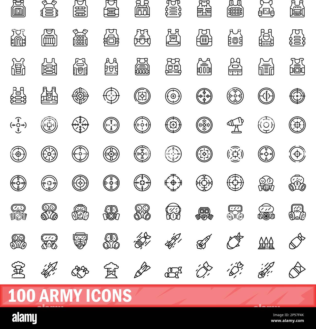 100 army icons set. Outline illustration of 100 army icons vector set ...