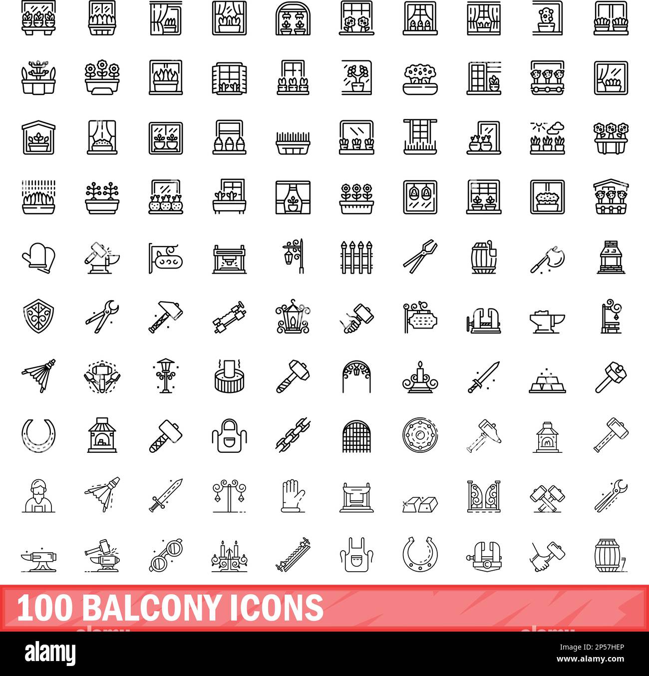 100 balcony icons set. Outline illustration of 100 balcony icons vector ...