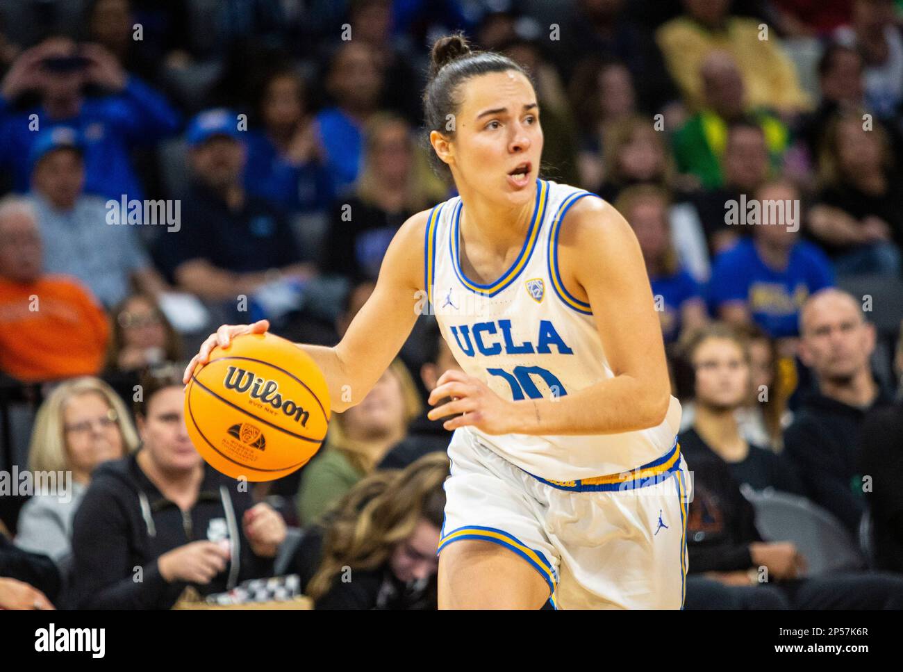 LasVegas, NV, USA. 05th Mar, 2023. A. UCLA guard Gina Conti (10)brings ...