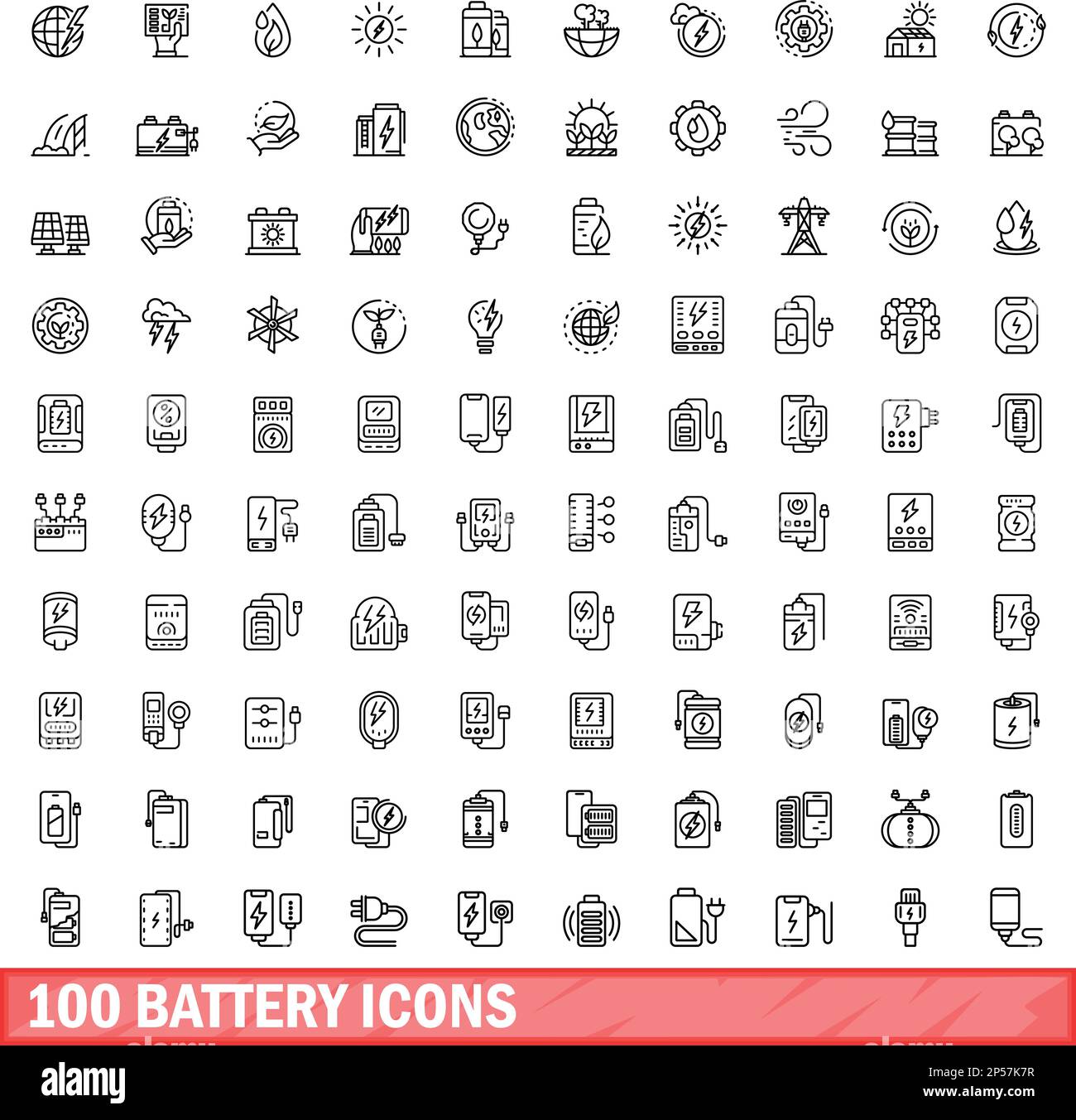 100 battery icons set. Outline illustration of 100 battery icons vector ...