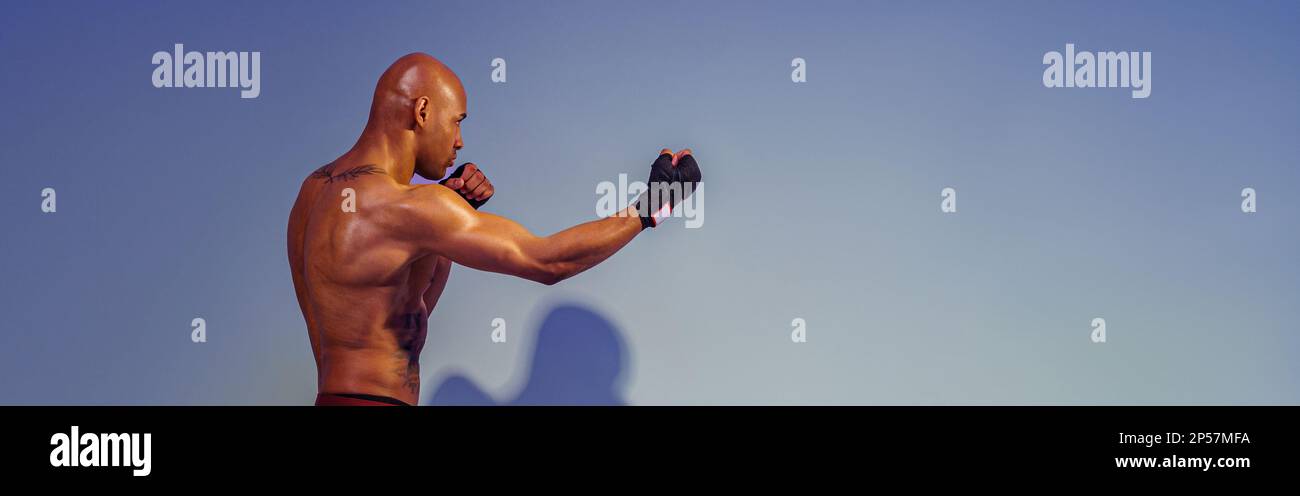 Professional kickboxer is training and practicing punch on studio ...