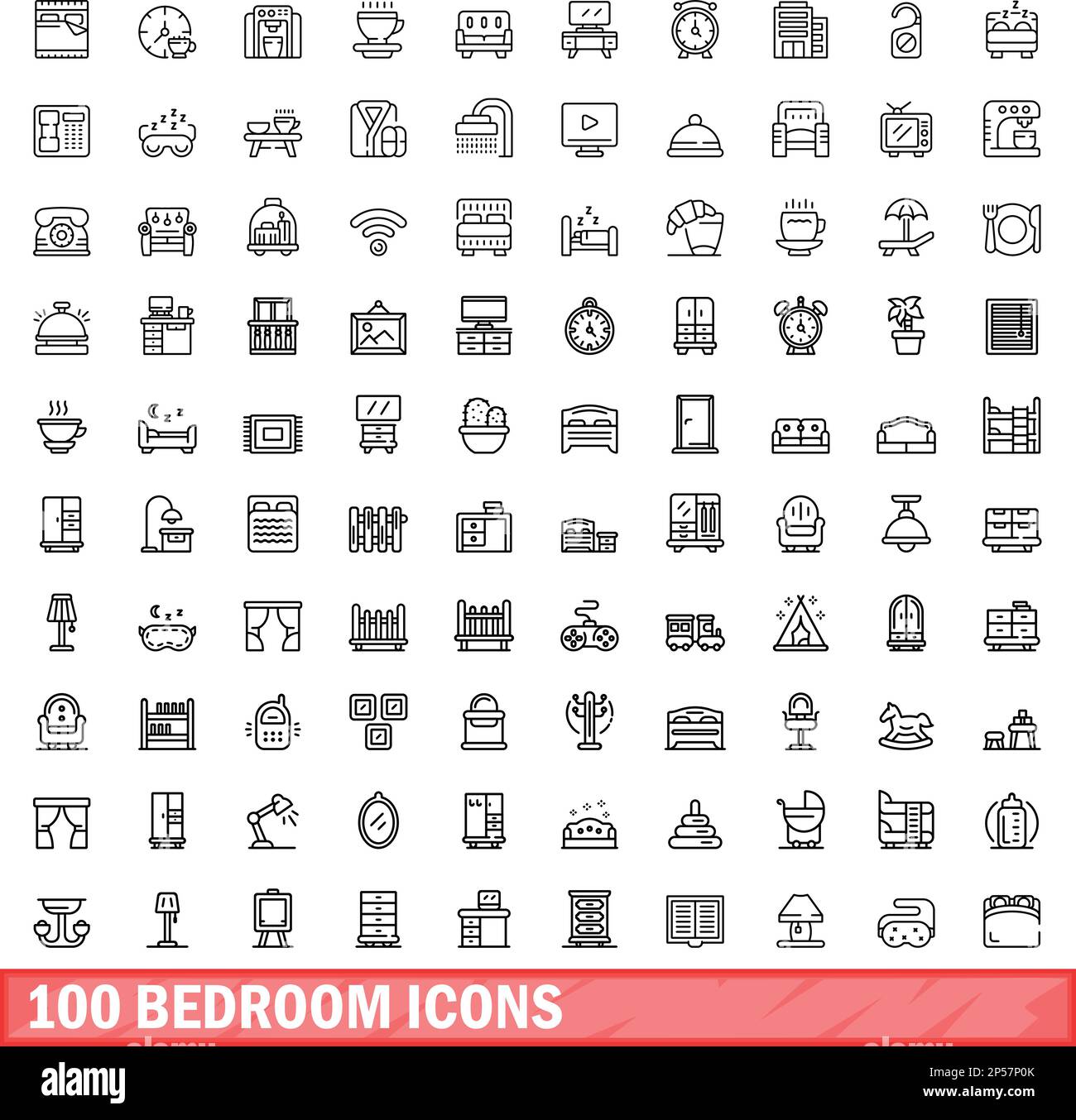 100 bedroom icons set. Outline illustration of 100 bedroom icons vector set isolated on white ...