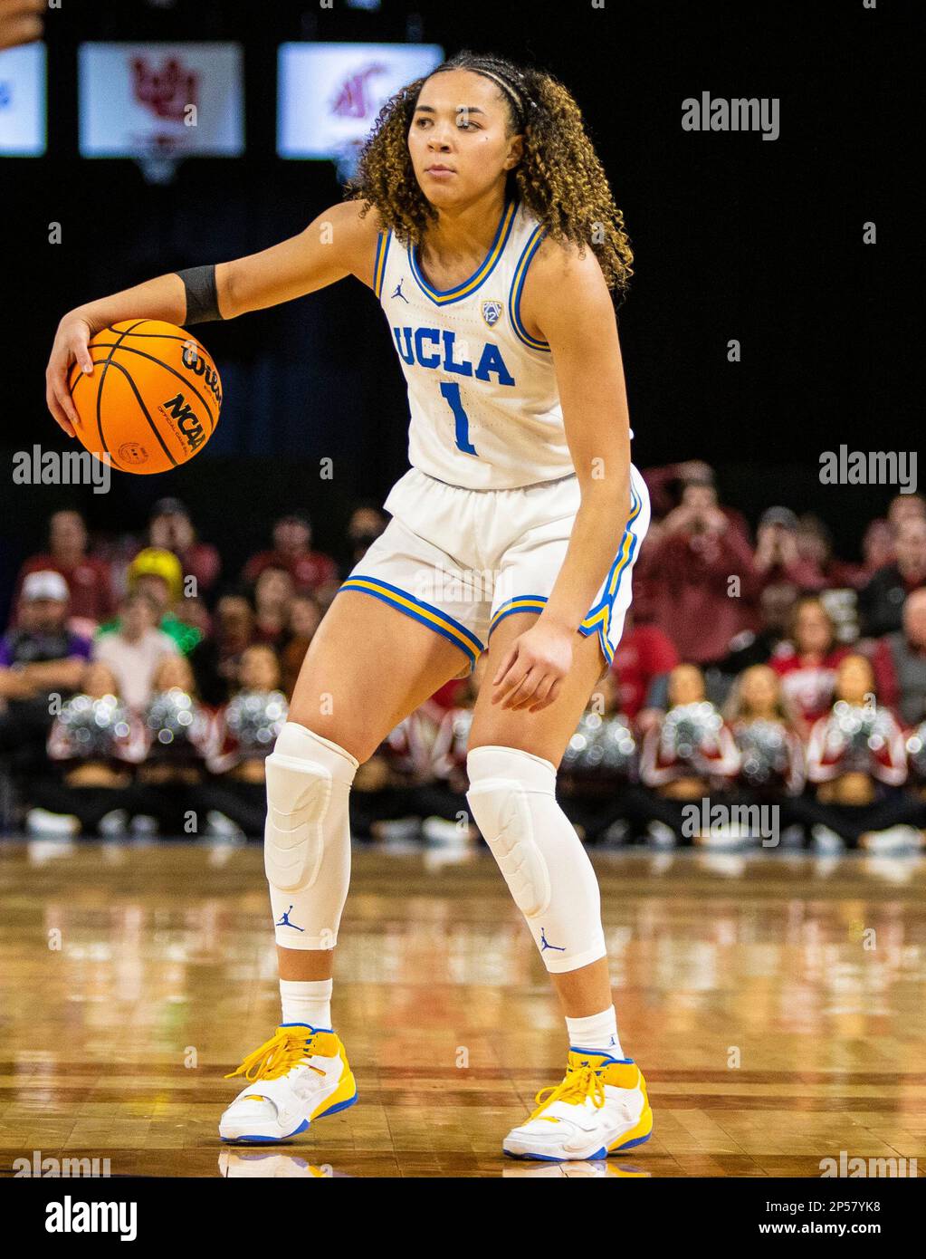 LasVegas, NV, USA. 05th Mar, 2023. A. UCLA guard Kiki Rice (1)sets the ...