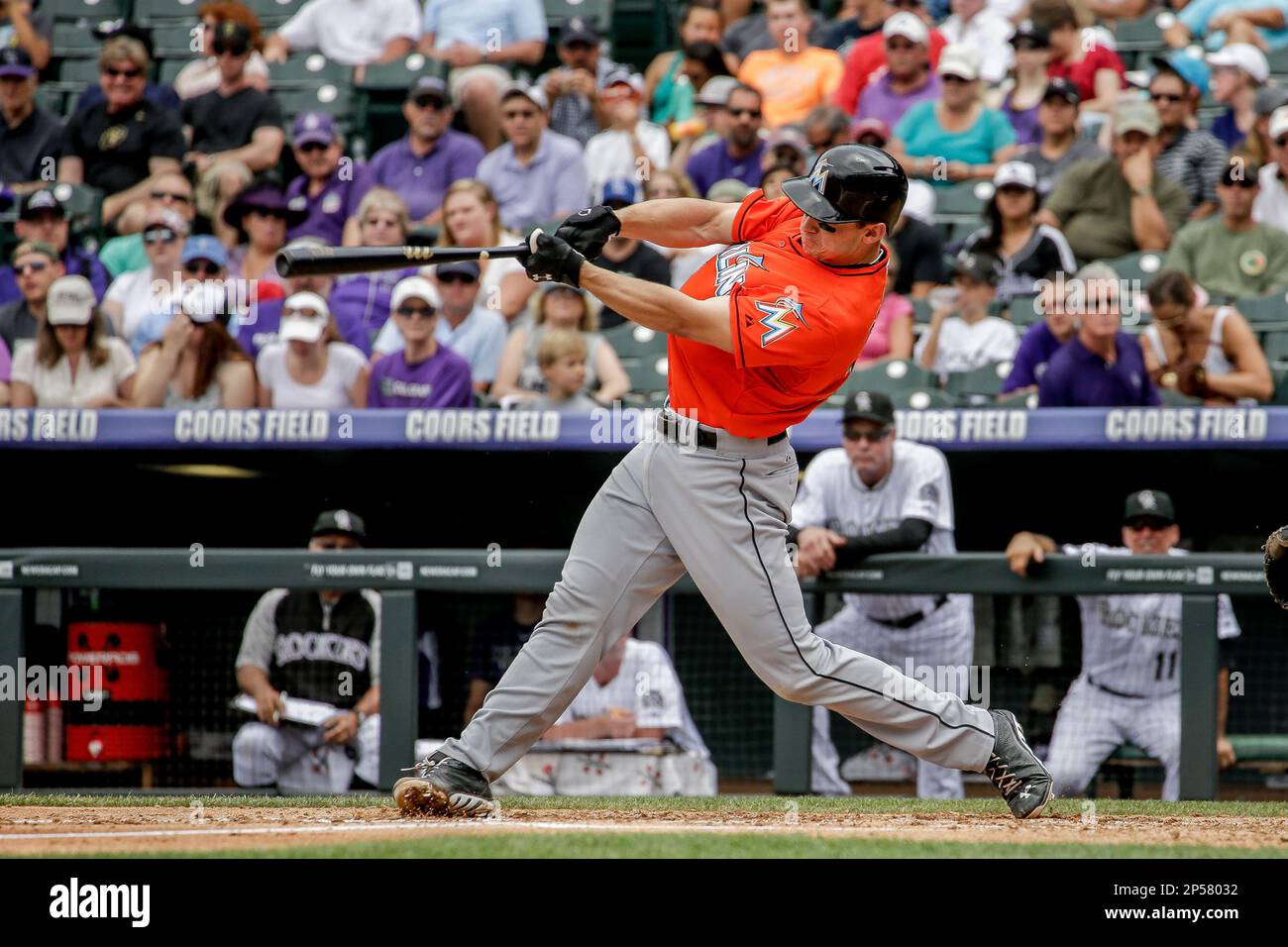 Miami Marlins catcher Rob Brantly (19) swings at the pitch in a game ...