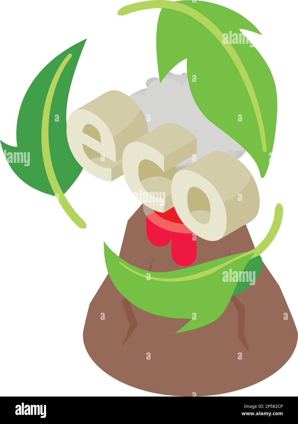 Active volcano icon isometric vector. Inscription eco in leaf cycle ...