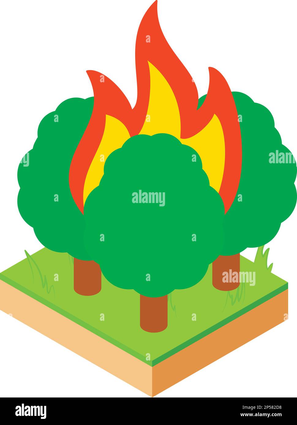 Forest fire icon isometric vector. Burning green deciduous tree on land ...