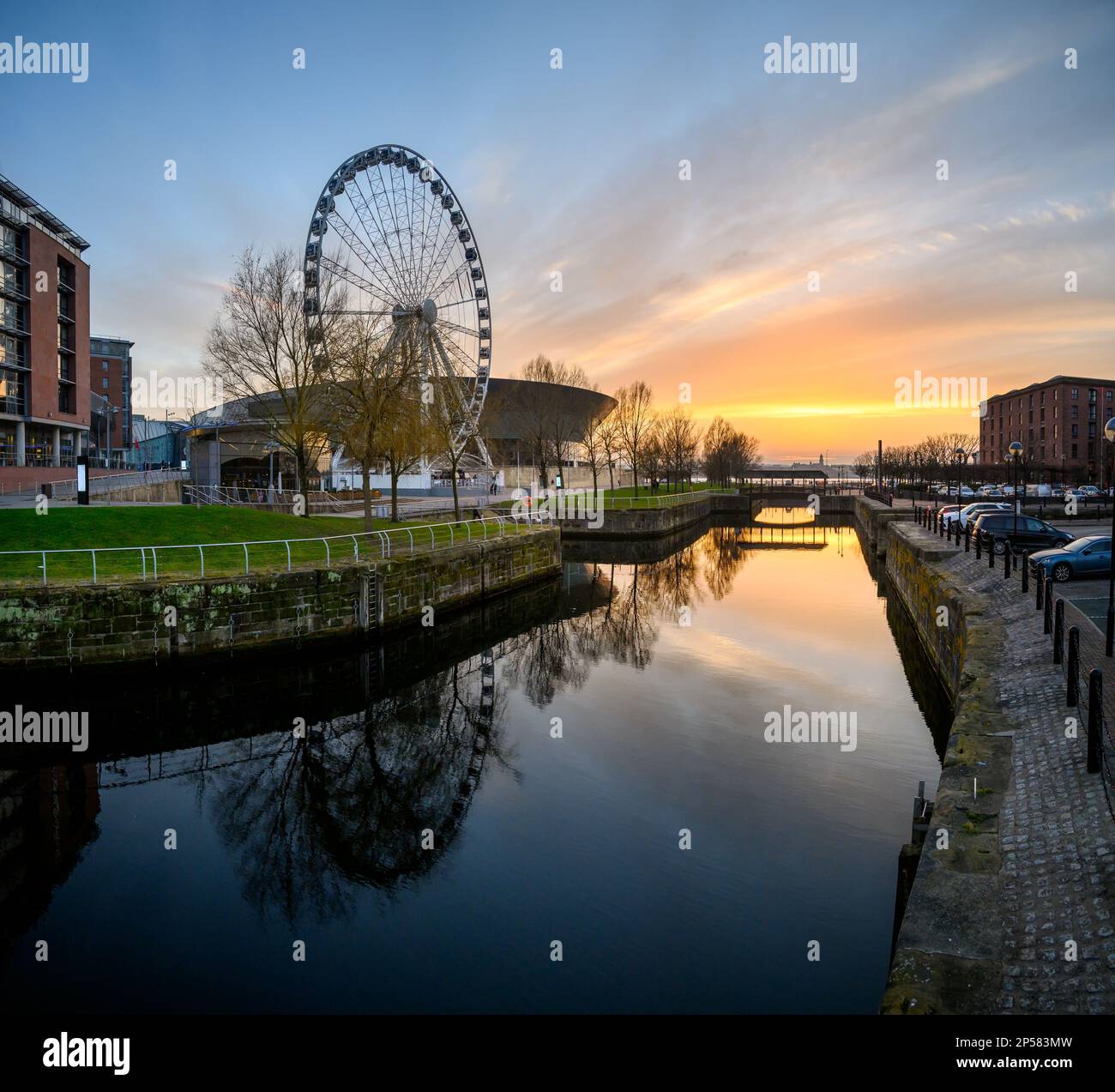 Reflection of Liverpool Ferris Wheel and other landmarks in UK Stock ...