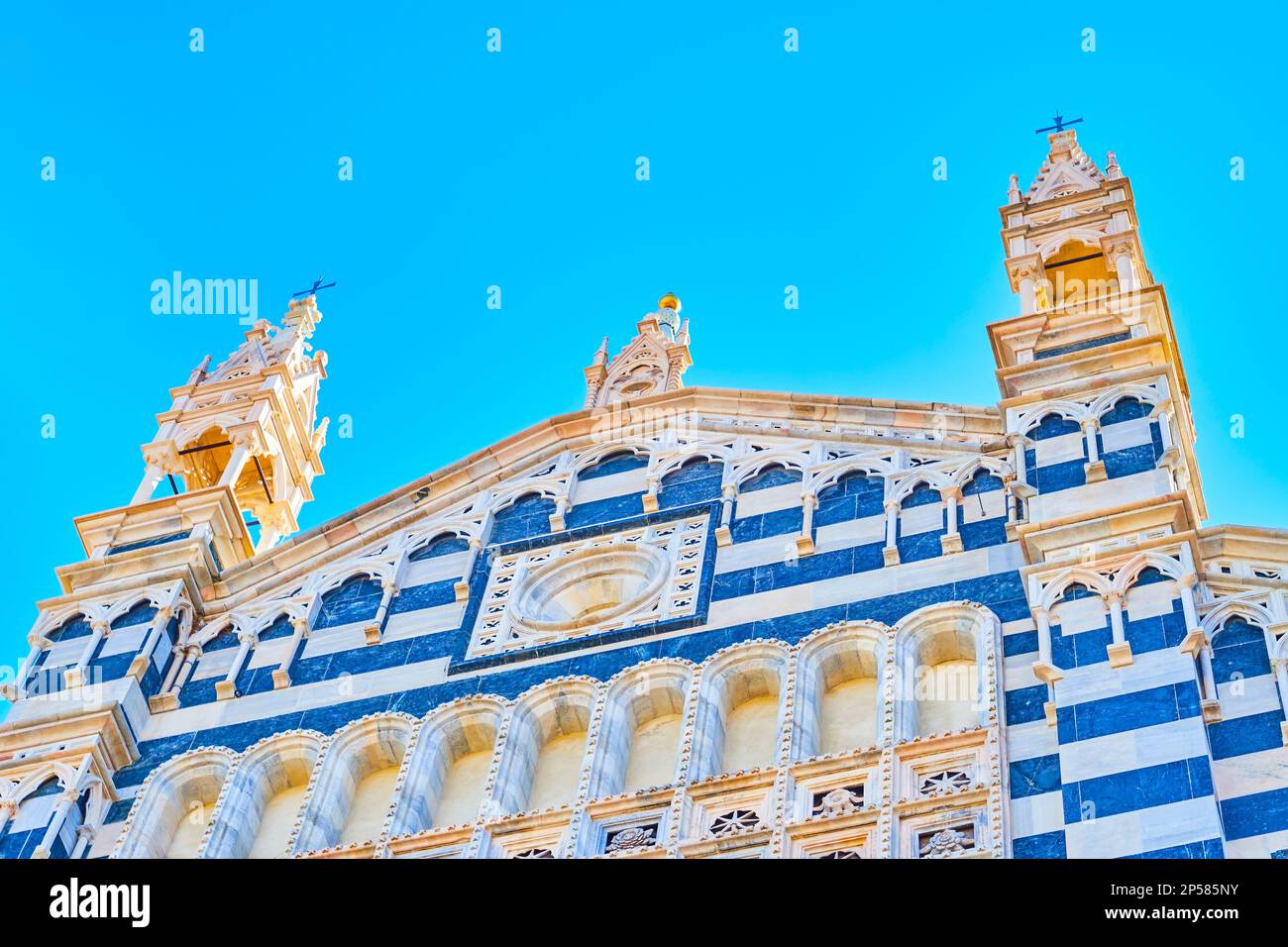 Striped and carved marble facade of Cathedral of Monza, Italy Stock ...
