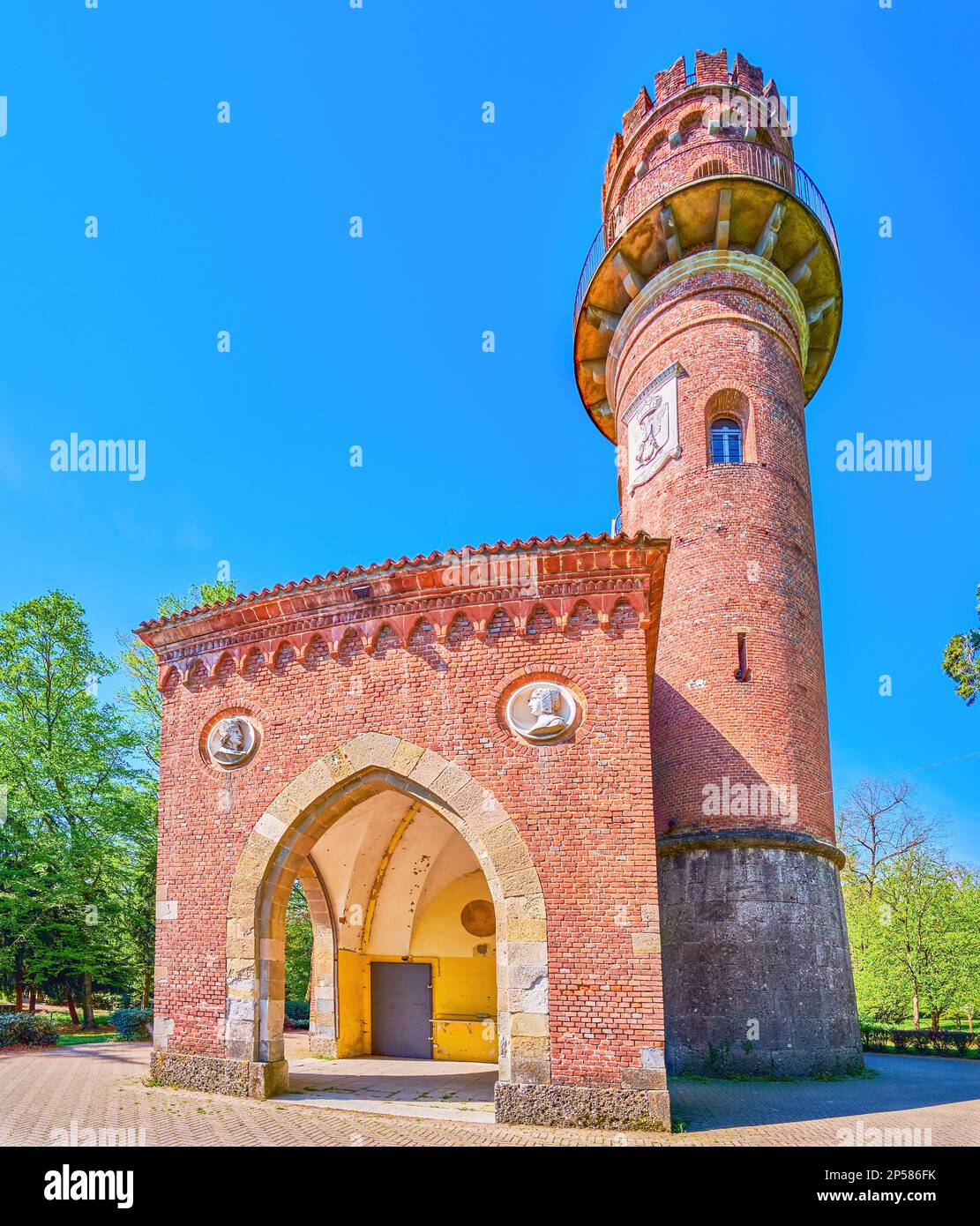 Medieval brick Torretta Viscontea (Visconti turret) in Monza Royal ...