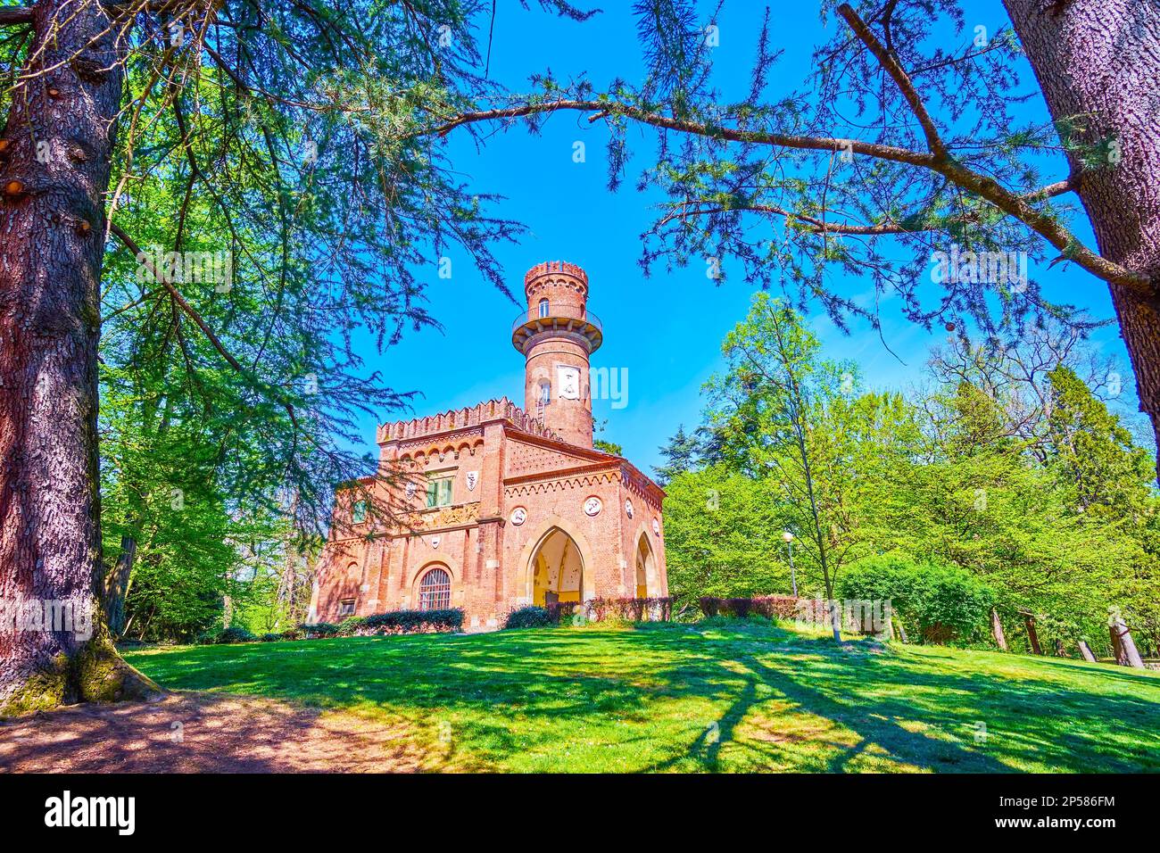 Monza Royal Gardens with medieval Visconti turret building among ...