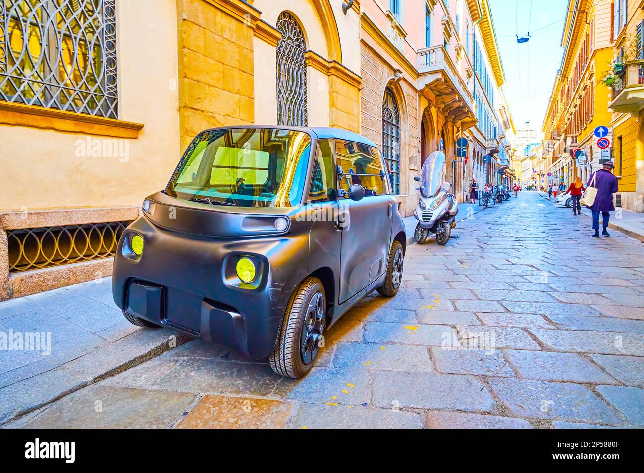The compact EV (electric car) Citroen AMI on the street in Brera ...
