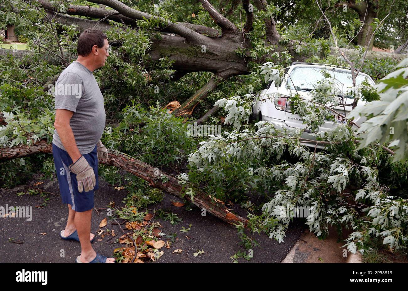 David Fleske looks over a car that is crushed by an uprooted tree after ...
