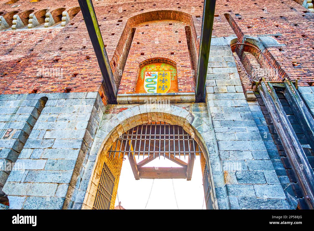 Medieval Sforza's Castle with lifting mechanism of the drawbridge and ...