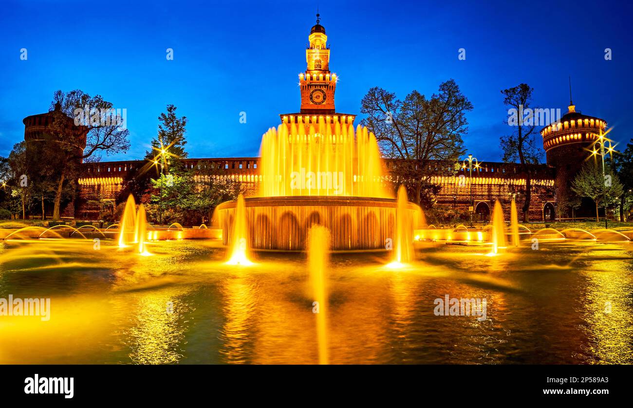 The night view on fountain on Piazza Castello with illuminated Sforza's ...