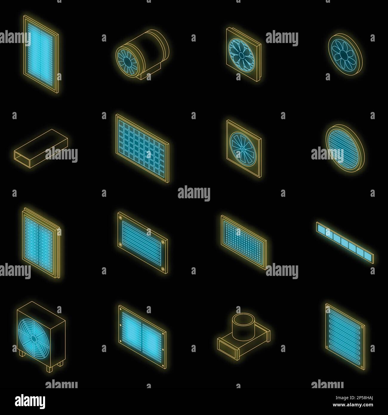 Ventilation icons set. Isometric set of ventilation vector icons neon ...