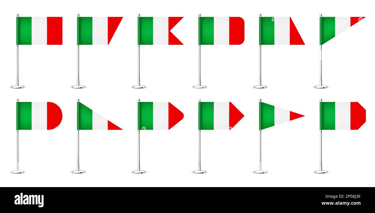 Realistic various Italian table flags on a chrome steel pole. Souvenir ...