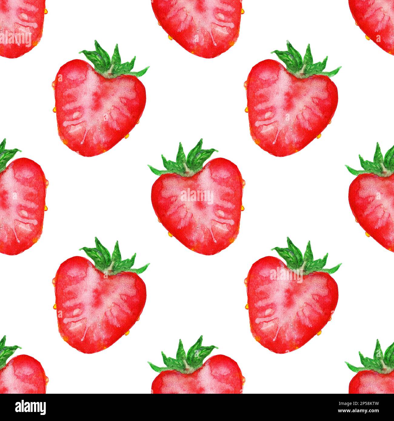 Watercolor hand drawn sketch red strawberry berry slice seamless ...