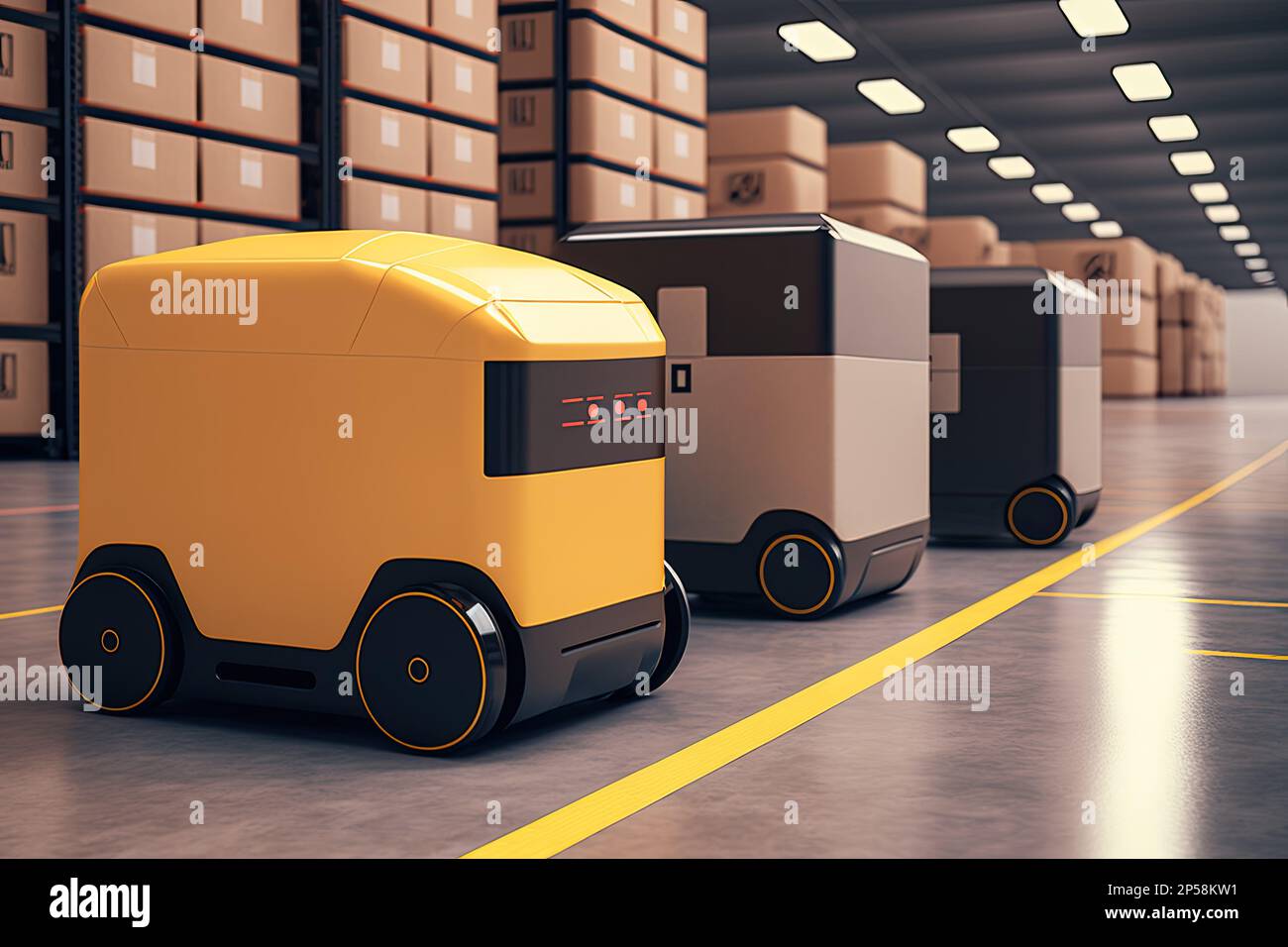 Yellow AVG robots standing still in automated retail warehouse Stock ...