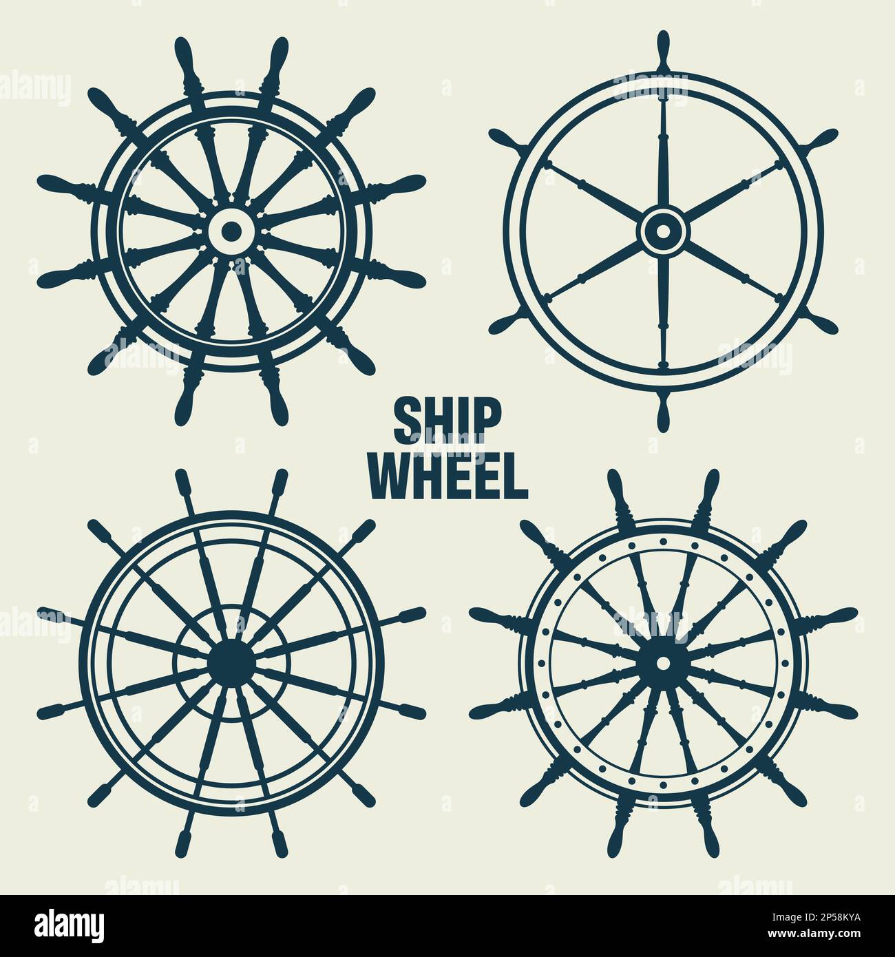 Collection of vintage steering wheels. Ship, yacht retro wheel symbol ...