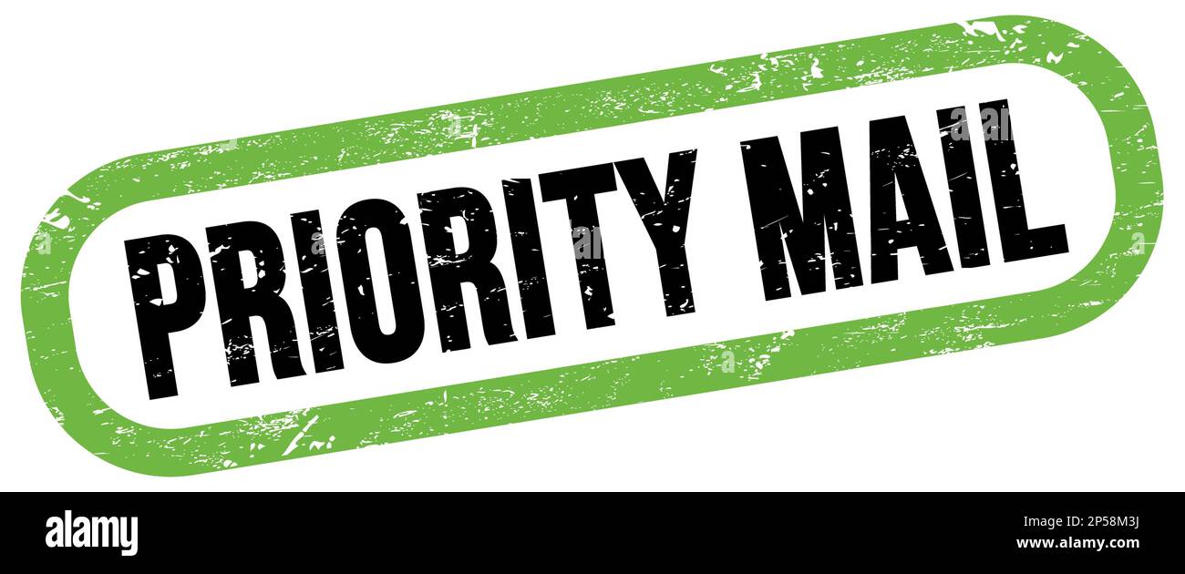 PRIORITY MAIL, text on green-black rectangle stamp sign Stock Photo - Alamy