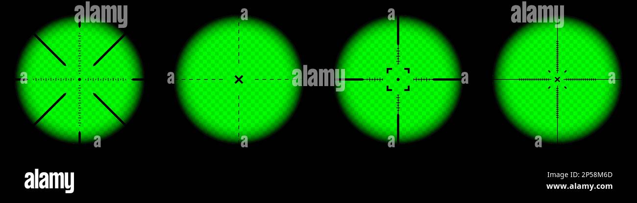 Various weapon night sights, sniper rifle optical scopes. Hunting gun ...