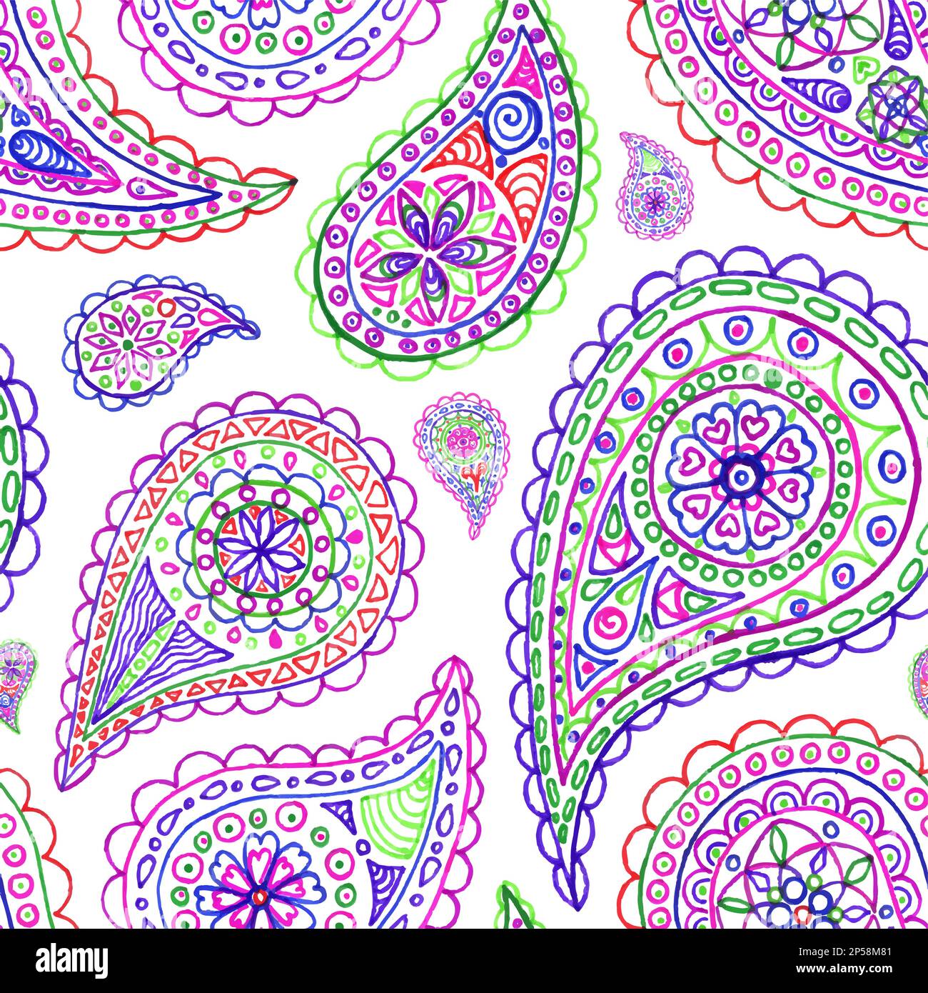Paisley Buta Doodle Colorful Line Art Seamless Pattern Vector Stock