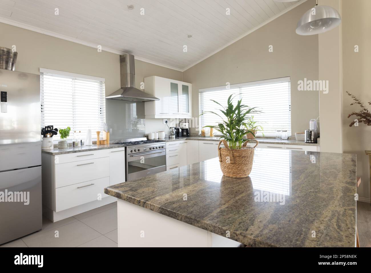 General view of modern kitchen with countertop and kitchen equipment ...