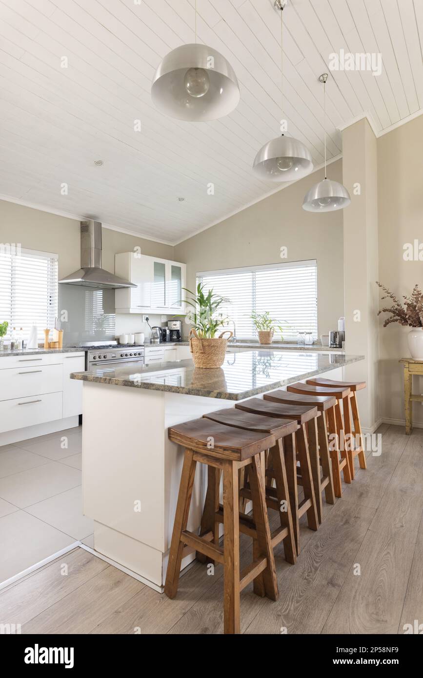 General view of modern kitchen with countertop and kitchen equipment ...