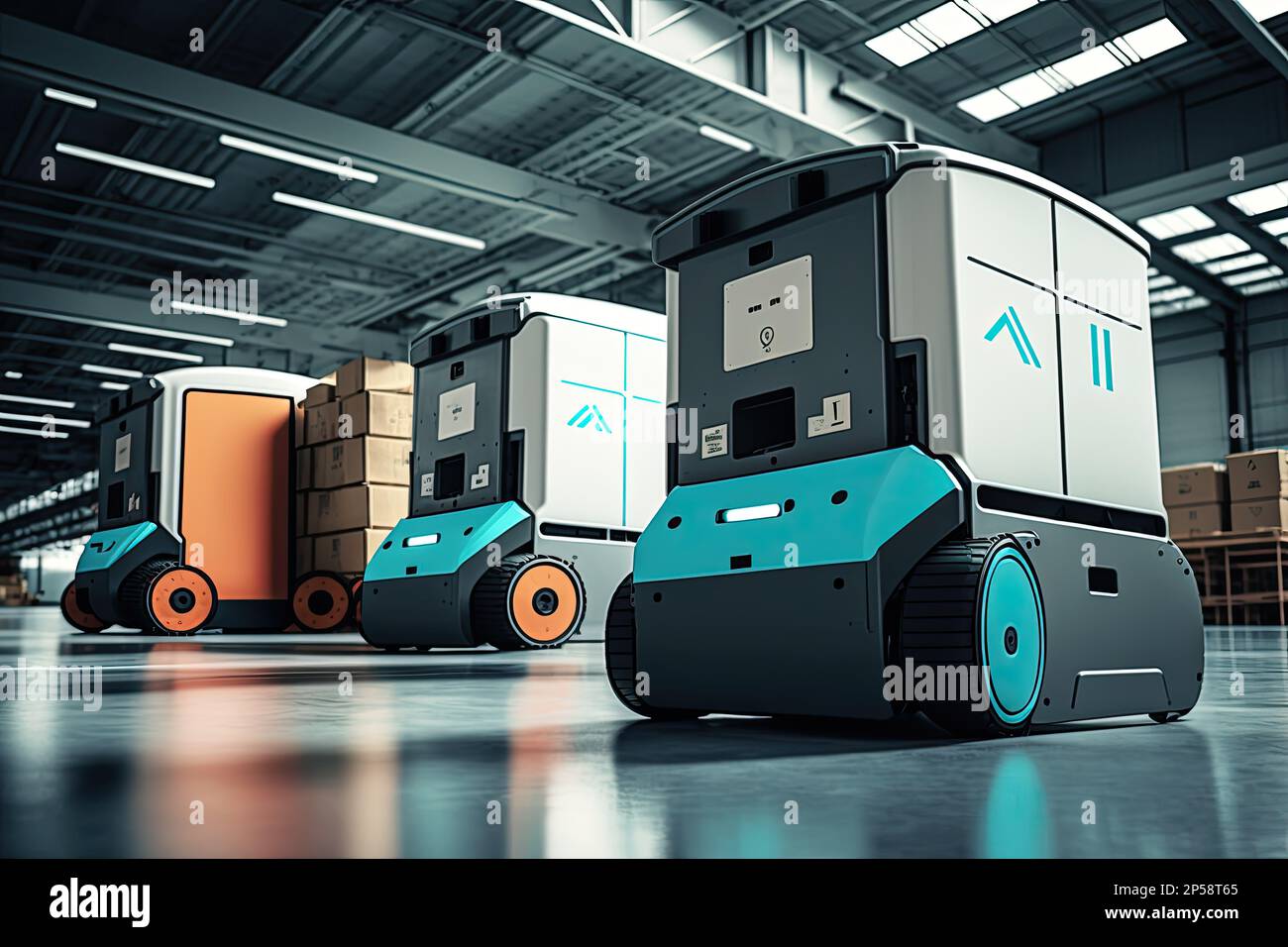 3D render AVG forklift robots in an automated retail warehouse Stock Photo - Alamy