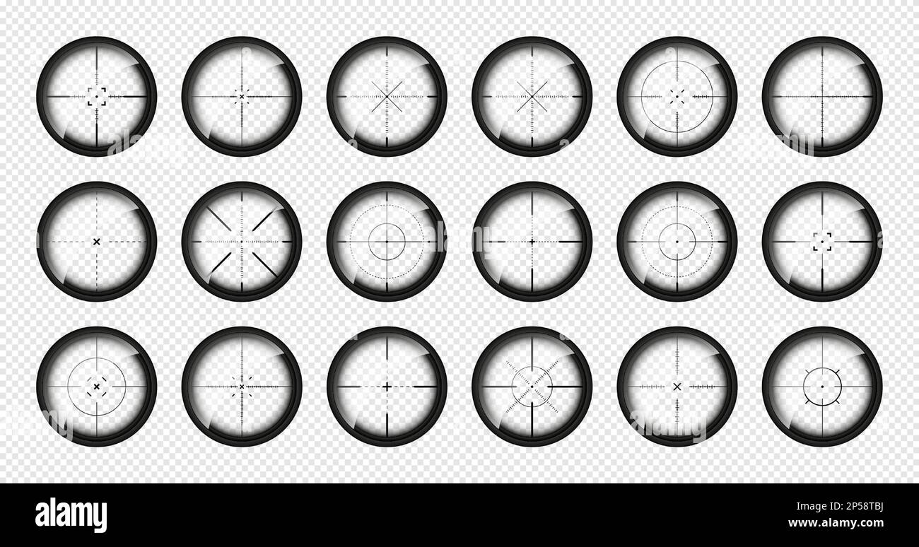 Various weapon sights, sniper rifle optical scopes. Hunting gun ...