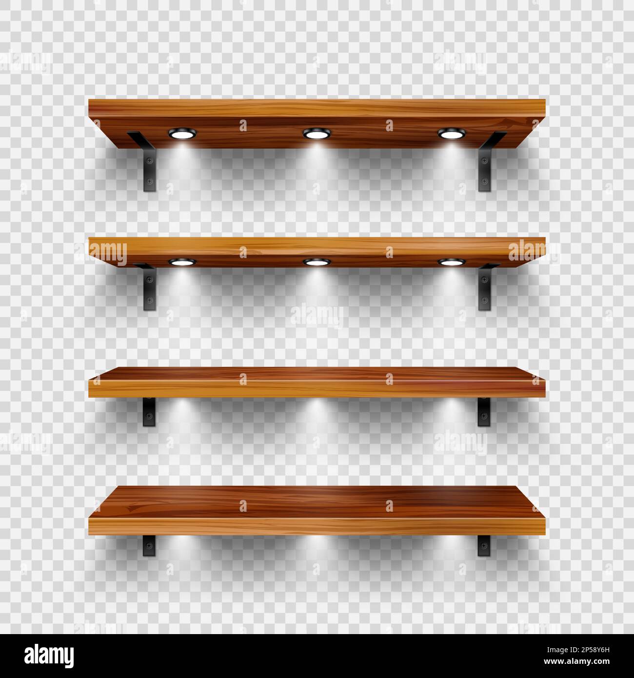 Realistic wooden store shelves with wall mount and lighting, spotlights ...