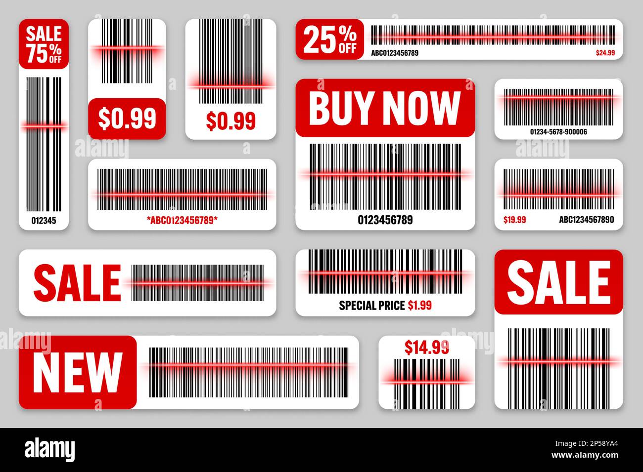 Set of product barcodes with red scanning line. Sale stickers, discount ...