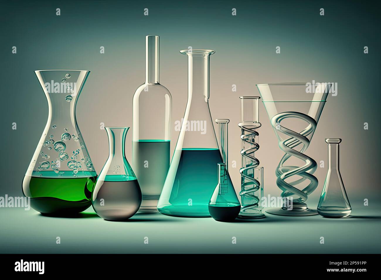 Collection of chemical glassware in laboratory isolated on light ...