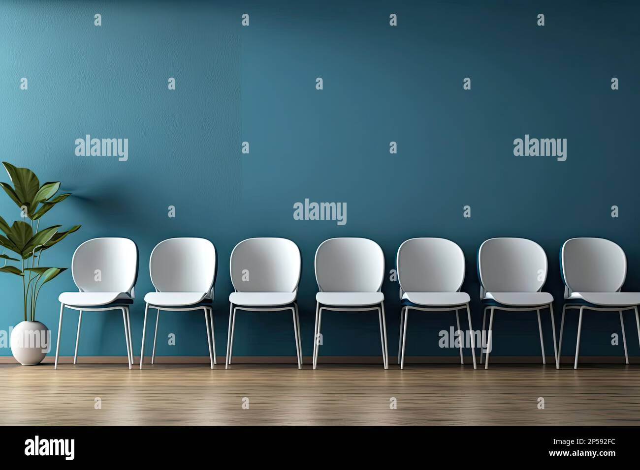 Empty white chairs and a plant on the side against a blue wall waiting ...