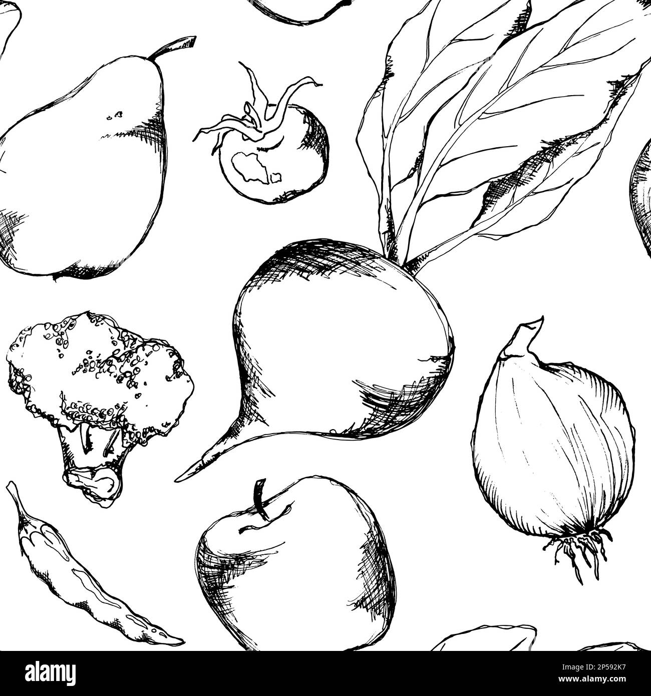 Vegetable Fruit Monochrome Ink Hand Drawn Seamless Pattern Texture