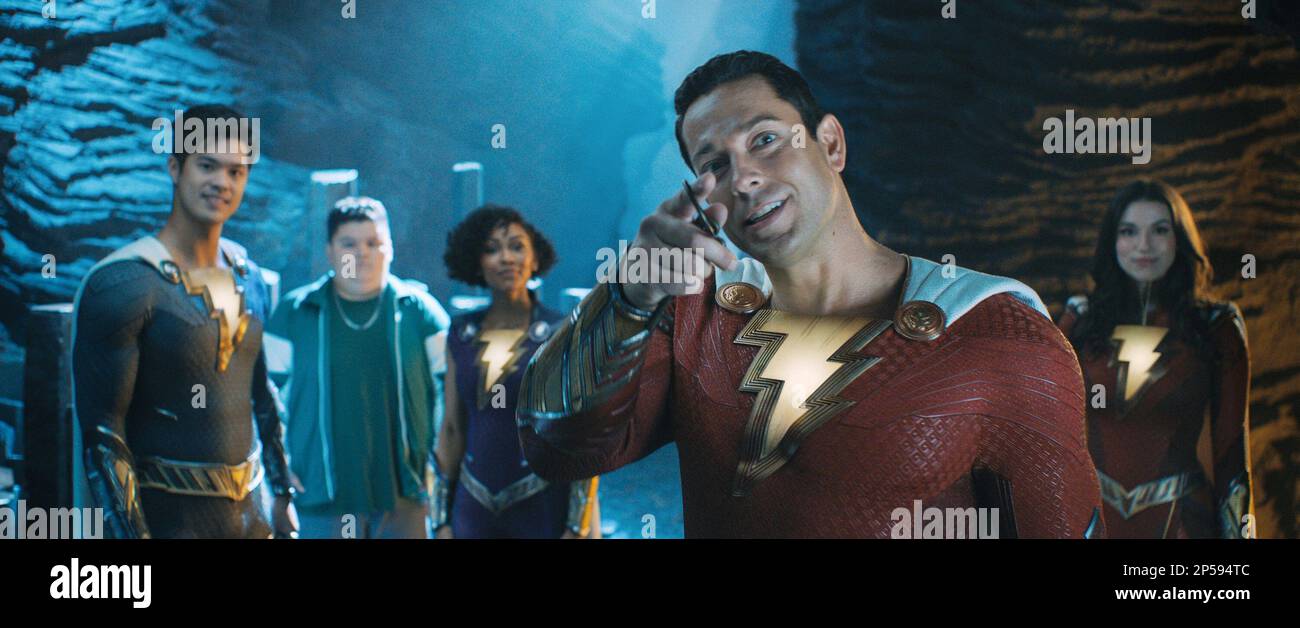 SHAZAM! FURY OF THE GODS, (aka SHAZAM 2), from left: Ross Butler, Meagan Good, Zachary Levi as ...