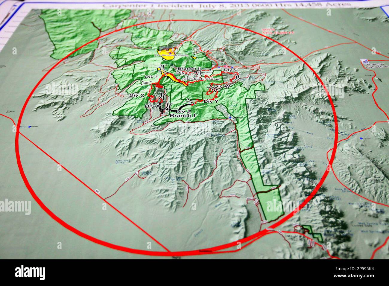 This Monday, July 8, 2013 photo shows a map of the Carpenter 1 fire TFR ...