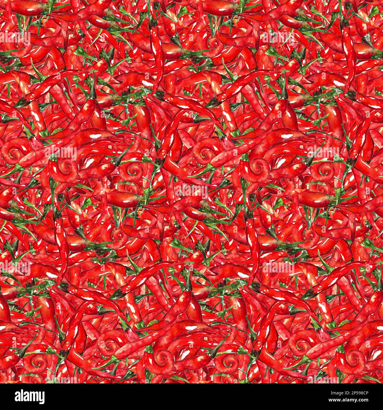 Watercolor red hot chili chilli spicy pepper seamless pattern texture ...