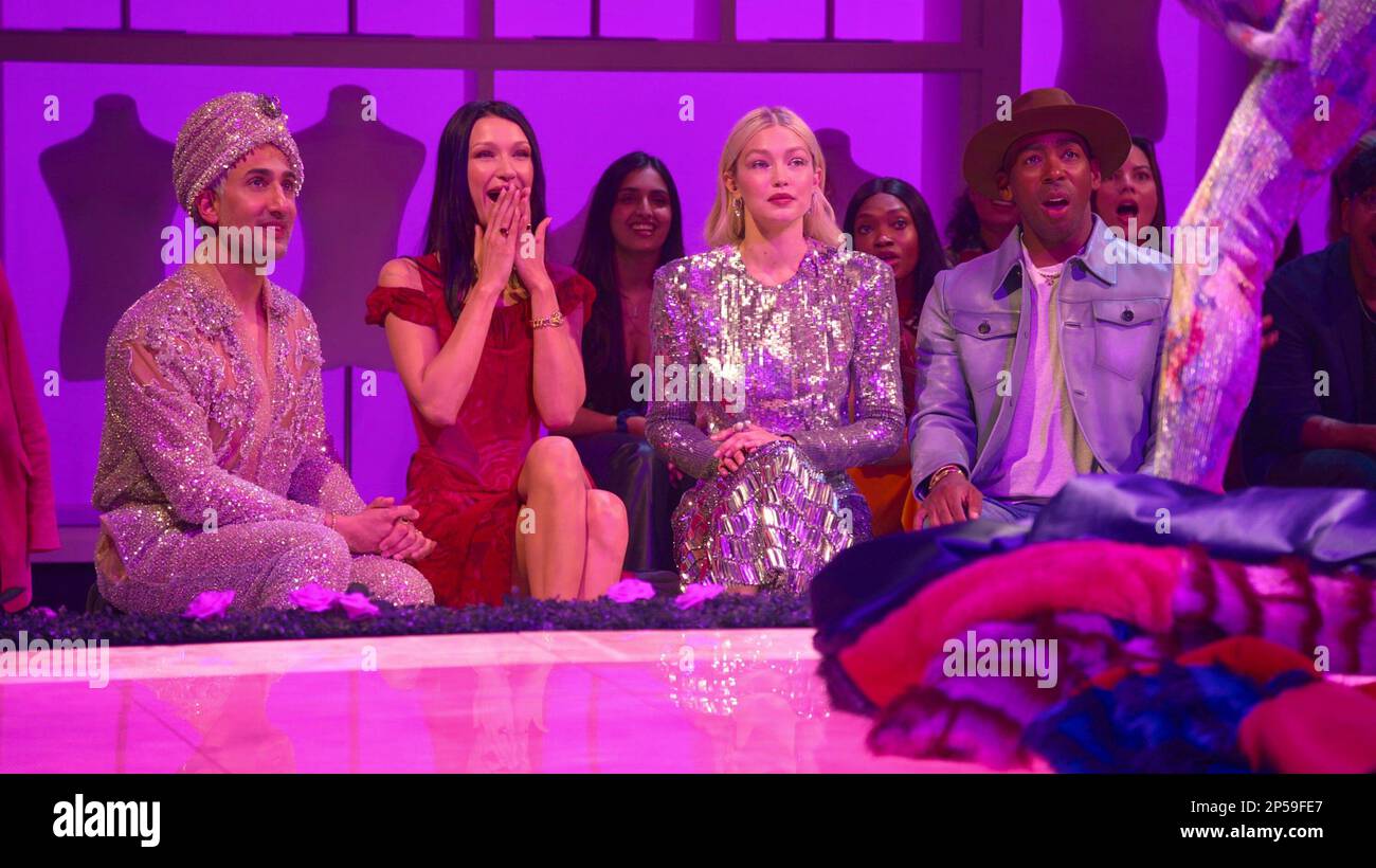 NEXT IN FASHION, from left: host Tan France, judge Bella Hadid, host ...