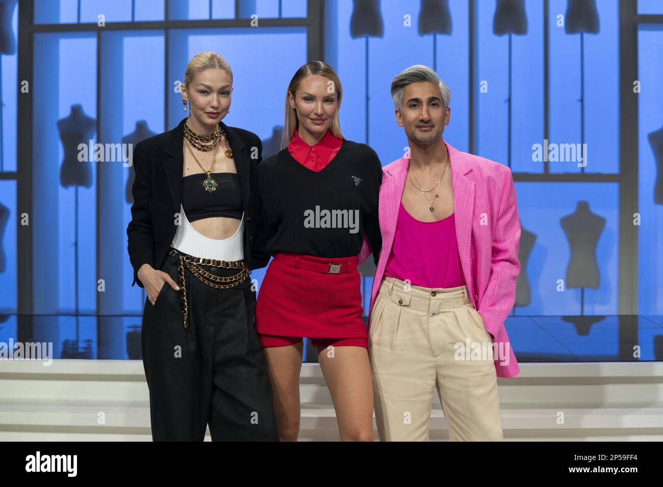 NEXT IN FASHION, from left: host Gigi Hadid, judge Candice Swanepoel ...