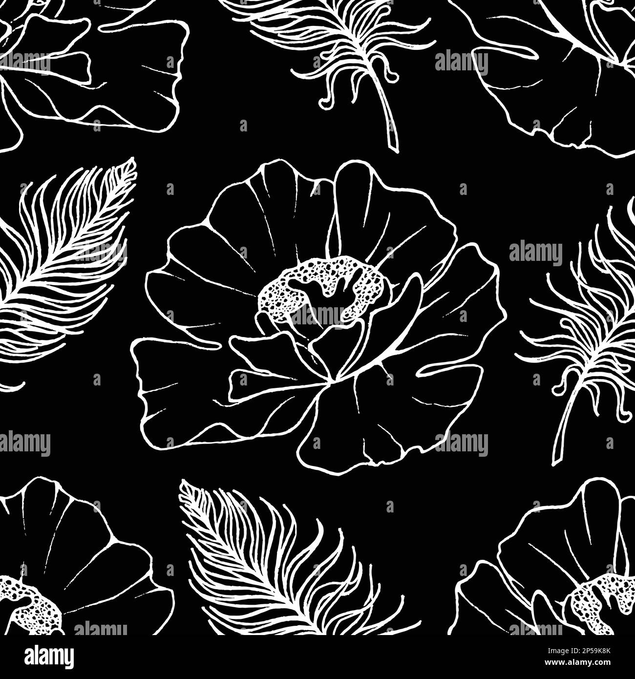 Doodle monochrome poppies feathers seamless pattern background texture ...