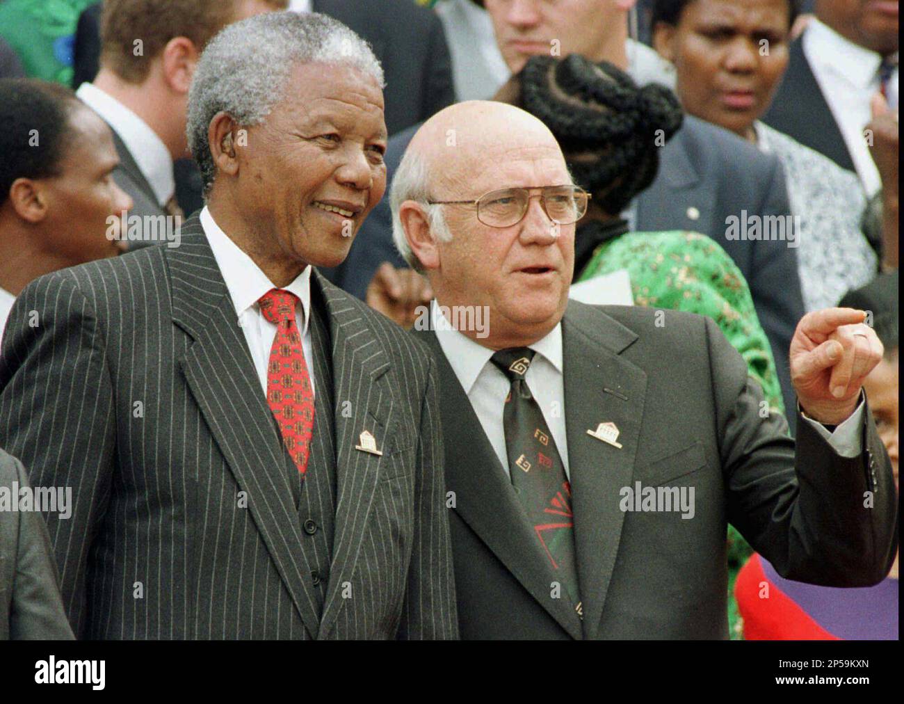 FILE - In this Wednesday May 8, 1996 file photo, South African President Nelson Mandela, left ...