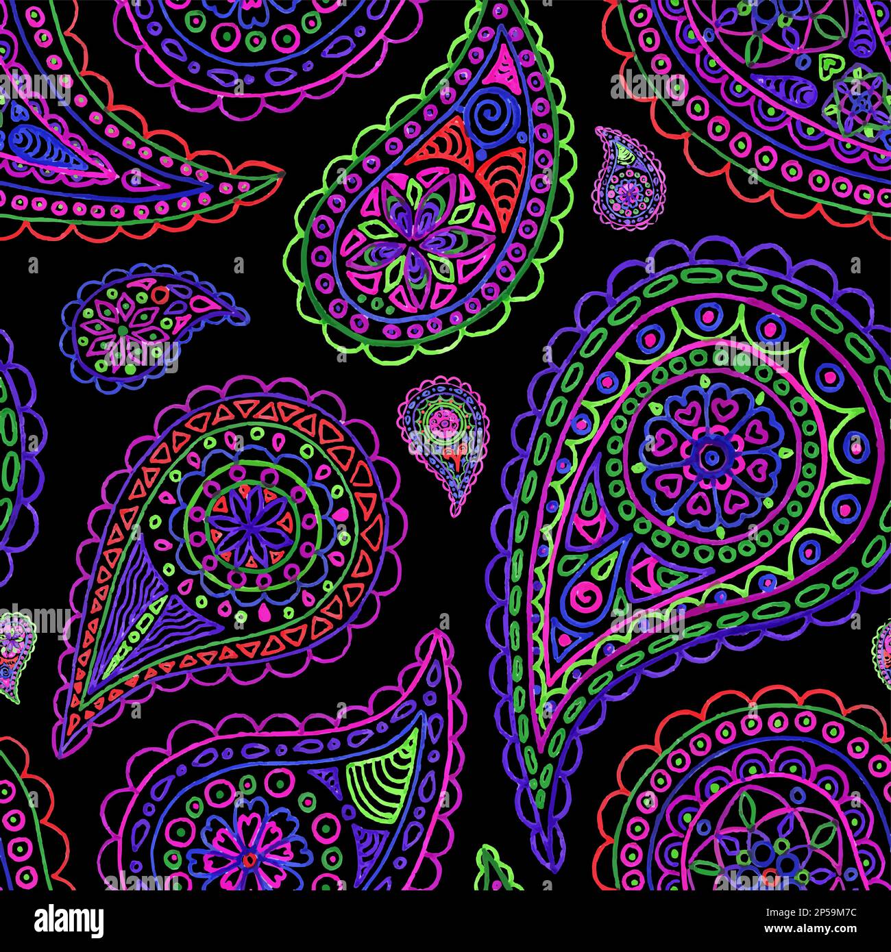Paisley buta doodle colorful line art seamless pattern vector Stock ...