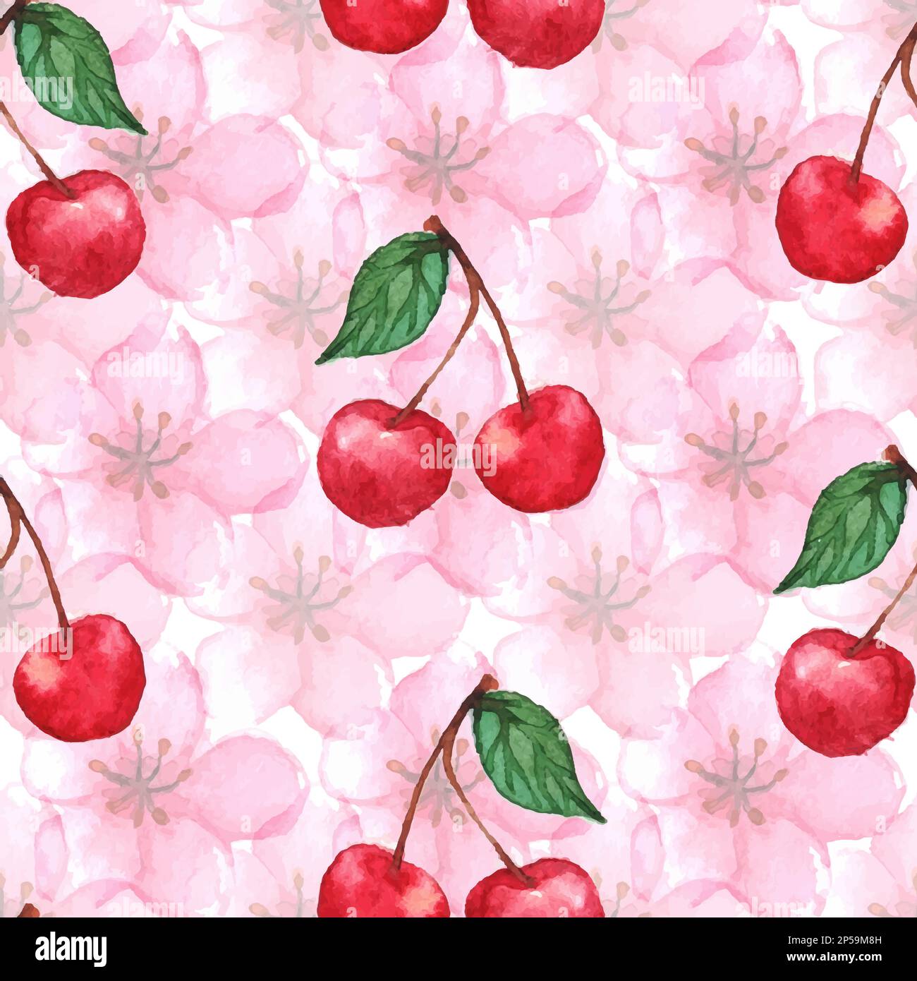 Watercolor cherry berry sakura seamless pattern texture background ...
