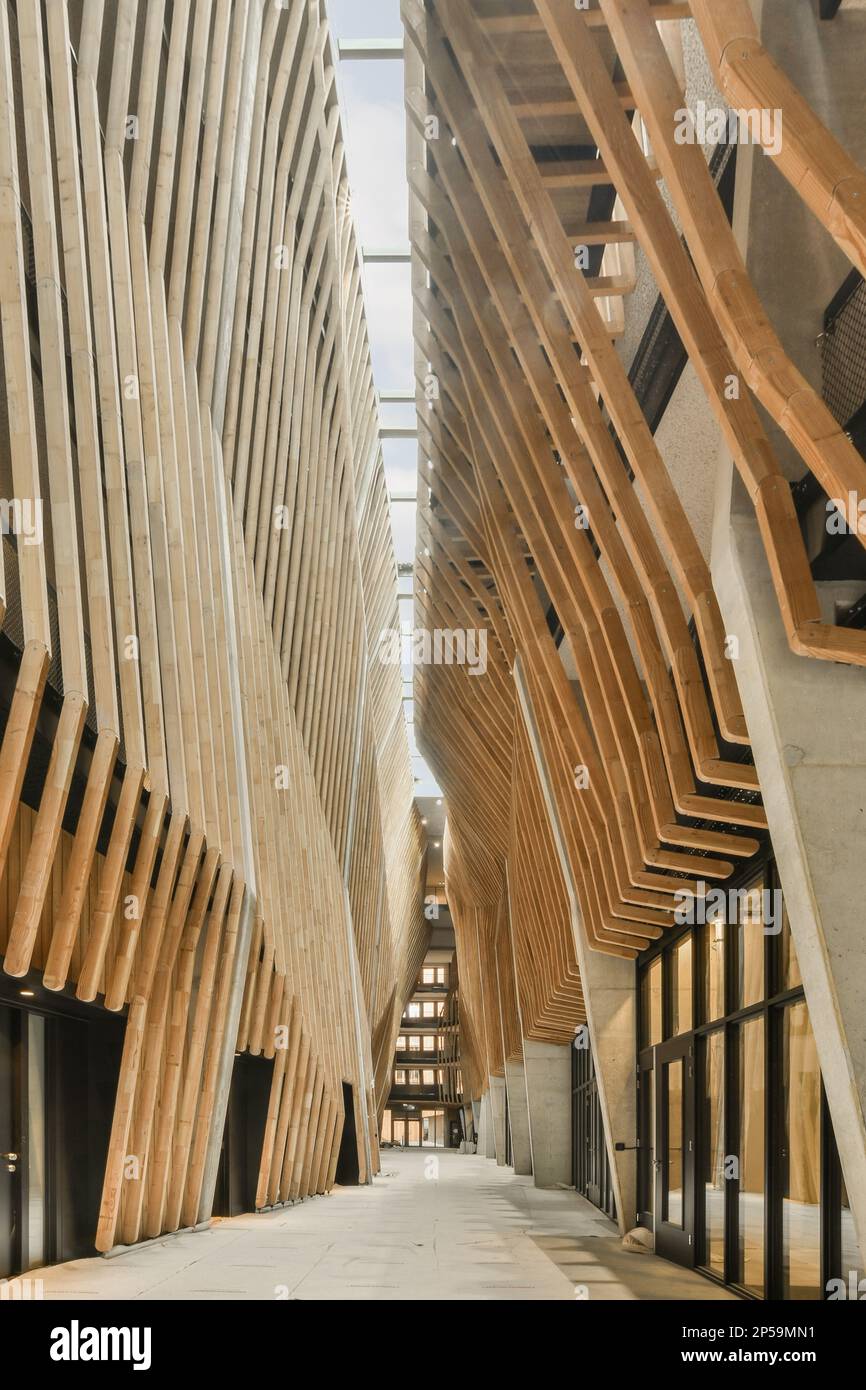 the inside of a building that is made out of wooden planks and has been ...